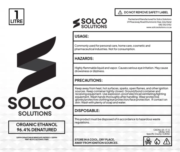 Organic Ethanol 96.4% Denatured - Solco Solutions